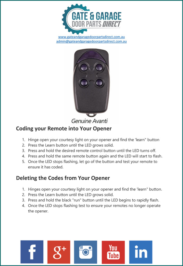 Avanti Remote Coding Instruction - AGG Doors